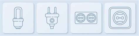세트 라인 Led 전구 전기 콘센트 전기 플러그 및 전기 콘센트 흰색 정사각형 버튼 벡터 0명에 대한 스톡 벡터 아트 및 기타