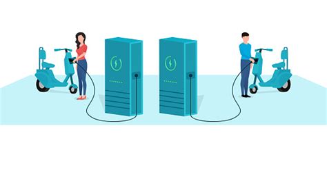 전기 자동차 충전소에서 전기 스쿠터를 충전하는 남자와 여자 Ev 충전 포인트에서 차량 흰색 배경에 비즈니스 캐릭터 벡터 일러스트 레이 션 3차원 형태에 대한 스톡 벡터 아트