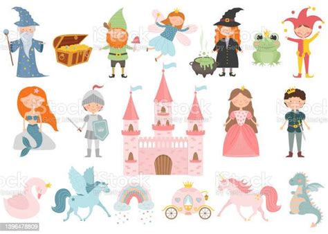만화 동화 캐릭터의 세트 공주 왕자 요정 페가수스 스타 가이저 백조 기사 마녀 인어 그놈 유니콘 개구리 공주 제스터 마차 용 성 공주에 대한 스톡 벡터 아트 및 기타 이미지