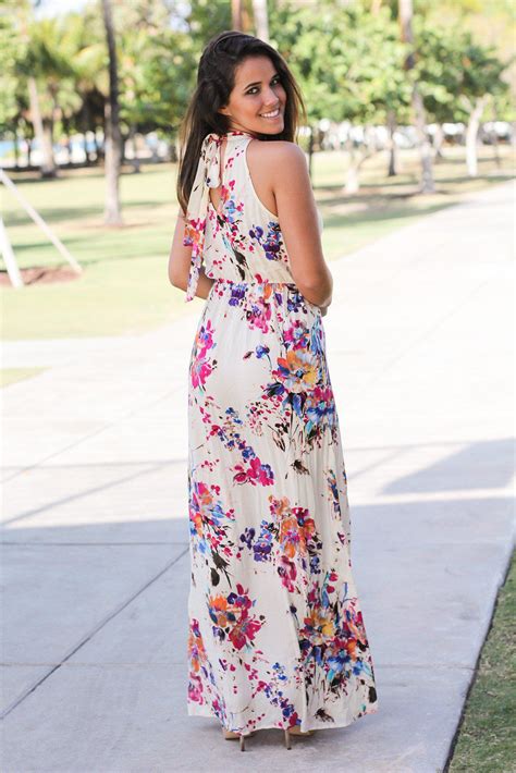 Ivory Floral Halter Neck Maxi Dress Online Boutiques Saved By The Dress