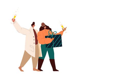 행복한 여자 함께 크리스마스를 축하하는 남자사랑 낭만적 인 커플 개최 선물 크리스마스 새해 휴일샴페인 유리와 산타 모자에 축제 사람들 Xmas 초대 전단지 일러스트레이션