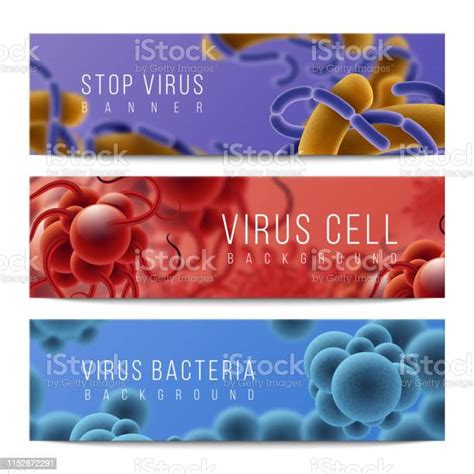 바이러스 및 박테리아 배너입니다 세균 감염과 미생물학 3d 개체 발열 및 독감 수평 배너 벡터 마이크로 셀 개념 0명에 대한 스톡 벡터 아트 및 기타 이미지 Istock