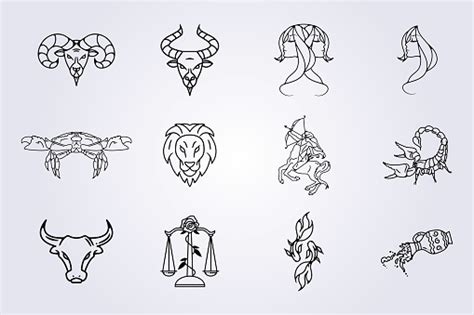 조디악 별자리 점성술 표지판의 라인 작업 벡터 라인 일러스트레이션 디자인 설정 염소자리에 대한 스톡 벡터 아트 및 기타 이미지
