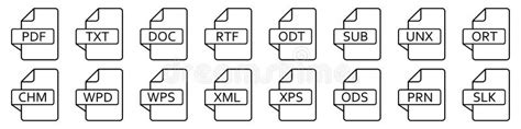 Text File Formats Icon Set Of Vector Linear Icons Of Different Text Documents Stock Vector