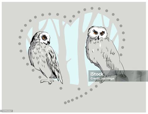 스케치 스타일의 하트 모양의 나무에 검은 색과 흰색 올빼미 두 개 발렌타인 데이 엽서 2월에 대한 스톡 벡터 아트 및 기타