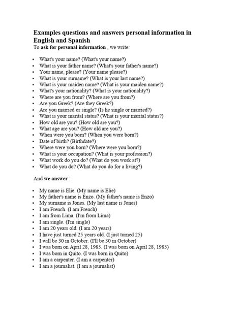 Examples Questions And Answers Personal Information In English And Spanish Pdf English