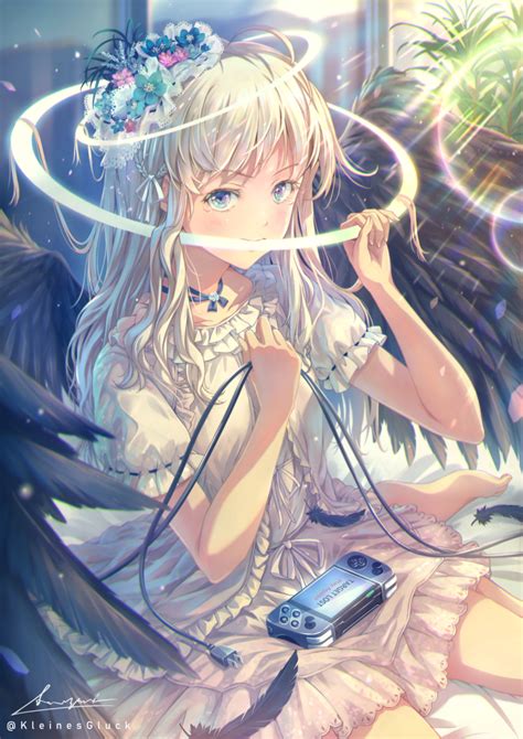 Soraizumi Original Highres 1girl Angel Angel Wings Aqua Eyes Barefoot Biting Black
