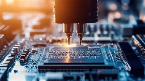 High Tech Robot Precision Soldering On A Circuit Board In A Modern Electronics Manufacturing