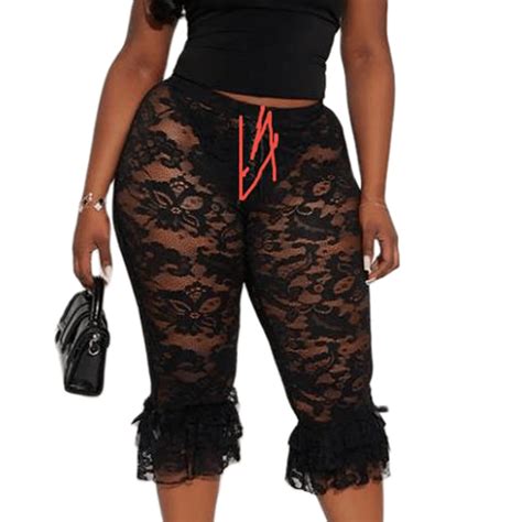 Women Lace Ruffle Capri Leggings Sheer Mesh Elastic High Waist See