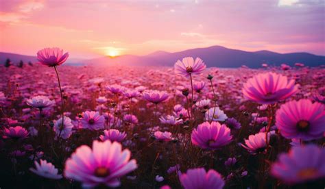 Ai Generated A Pink Flower Field With A Beautiful Sunset 35825808 Stock