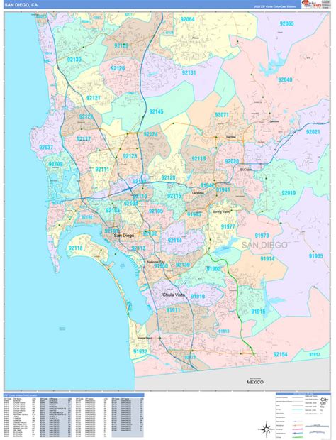 Colorcast Zip Code Style Wall Map Of San Diego Ca By Market Maps
