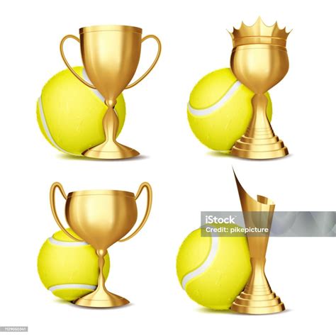 테니스 게임 상의 설정된 벡터입니다 테니스 공 골든 컵입니다 현대 테니스 경기 대회입니다 스포츠 프로 모션에 대 한 디자인입니다
