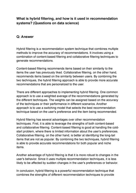 What Is Hybrid Filtering And How Is It Used In Recommendation Systems It Involves Using A