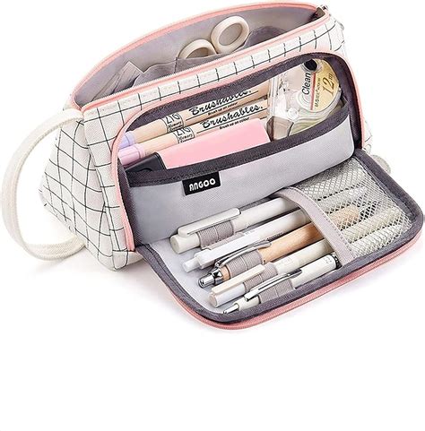Pen Pencil Case Big Capacity Stationery Pouch Pink Grid Aesthetic Pen