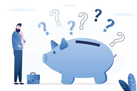 저축 문제에 대해 생각하는 사업가 돼지 저금통과 물음표 은행 또는 경제적 불확실성 및 위기 재정 관련 질문 의심 또는 혼란 결정에 대한 스톡 벡터 아트 및 기타 이미지