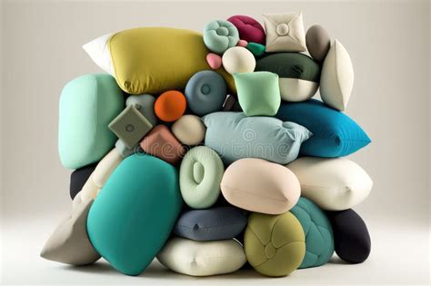 Pillow Pile With Multiple Pillows Of Different Shapes And Sizes Stock