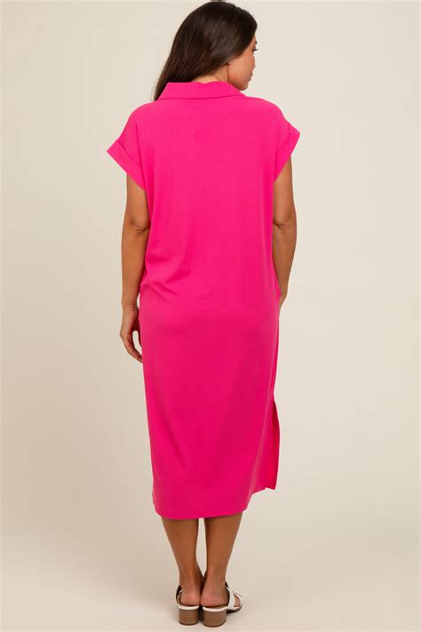 Fuchsia Collared Side Slit Maternity Midi Dress Pinkblush