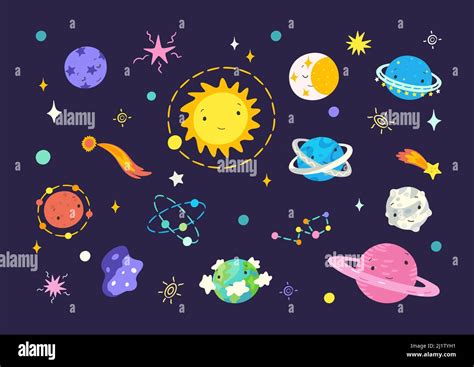 Flaches Cartoon Universum Weltraumplaneten Und Mond Sonnensystem Und Neptun Bunte Kometen