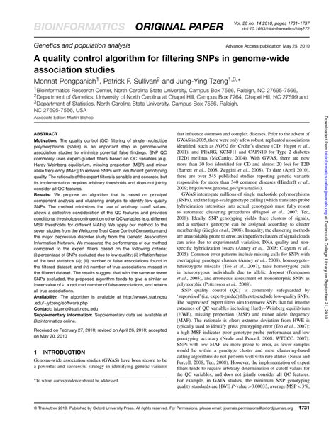 Pdf A Quality Control Algorithm For Filtering Snps In Genome Wide Association Studies Pdf A Quality Control Algorithm For Filtering Snps In Genome Wide Association Studies