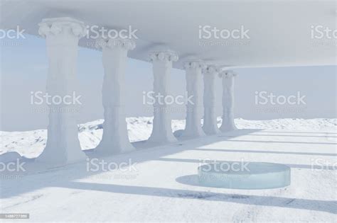 Abstact 3d는 겨울 장면과 자연 배경 제품 전시 광고 등을 위해 흰색 파빌리온의 눈 바닥에 얼음 연단을 렌더링합니다 추운