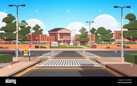 School Building Empty Front Yard With Green Trees Road Crosswalk Summer