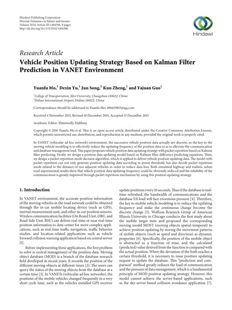 Pdf Vehicle Position Updating Strategy Based On Kalman Filter Prediction In Vanet Environment