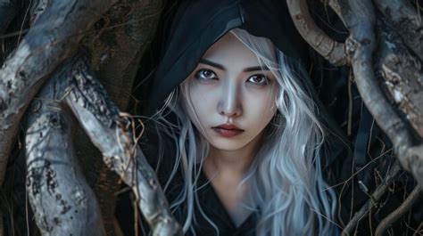 Asian Woman With White Hair And Wearing A Mysterious Black Hood