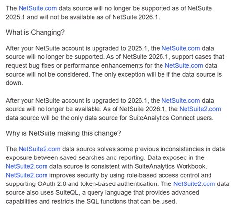 Netsuite Upcoming Removal Of The Data Source From Suiteanalytics Connect Notice