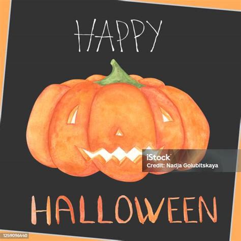 검은 색 배경에 호박과 수채화 할로윈 카드 얼굴과 기호 해피 할로윈오렌지 손으로 그린 호박 귀여운 가을과 할로윈 프린트 10월에 대한 스톡 벡터 아트 및 기타 이미지