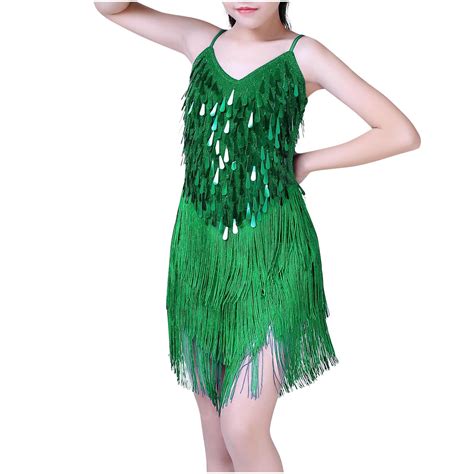 Mikilon Latin Dance Dress Tassel Salsa Dancewear Sequin Fringe Dress Modern Ballroom Cha Cha