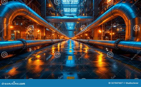 Industrial Pipeline Corridor At Night Generative Ai Stock