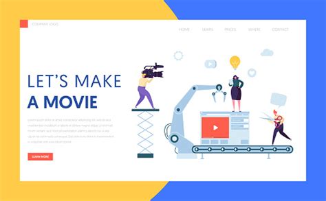 영화 비디오 제작 방문 페이지 서식 파일 만들기 촬영 영화 모션 사진 카메라 웹사이트 또는 웹 페이지에 대 한 문자 벡터 일러스트 레이 션 라이브 스트리밍에 대한 스톡 벡터