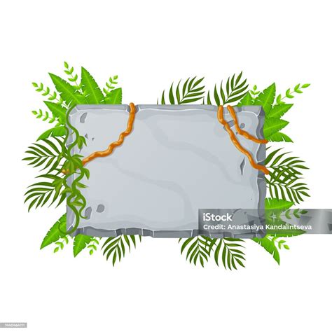 덩굴 식물 가지와 열대 잎이 있는 정글 돌판 만화 스타일의 게임과 웹에 대한 돌 배너 요소 0명에 대한 스톡 벡터 아트 및 기타 이미지 Istock