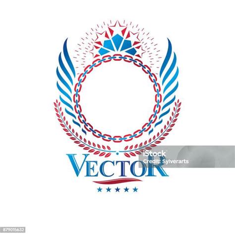 그래픽 상징 오각형 별 월계관 및 빈 복사공간을 사용 하 여 만든 날개 전 령 팔의 외 투 빈티지 벡터입니다 개념에 대한 스톡