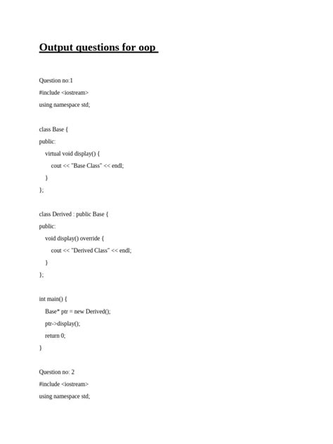 Output Questions For Oop Pdf Namespace Computer Programming