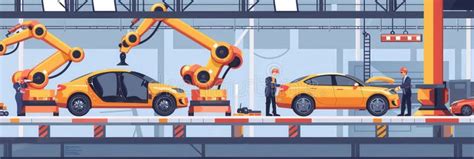 Industrial Robots And Human Workers Collaborate On An Assembly Line Building Cars With