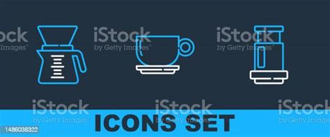 세트 라인 Aeropress 커피 메이커 및 커피 컵 아이콘 위에 붓습니다 벡터 맥주 공장에 대한 스톡 벡터 아트 및 기타 이미지 맥주 공장 아이콘 커피 마실 것