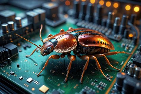 Digital Computer Bug On Circuit Board Concept Representation Of Software Error Stock