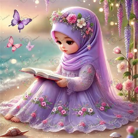بک گراند کودکانه دختر کوچولوی ناز با حجاب کتاب در دست نشسته در ساحل کد 43737 ویژه عکس گراف
