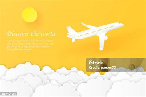 노란색 하늘 태양과 구름 공기 교통 텍스트 여행 개념 복사 공간과 비행 세계 비행기를 보세요 종이 컷 스타일 벡터 일러스트레이션 개념에 대한 스톡 벡터 아트 및 기타 이미지
