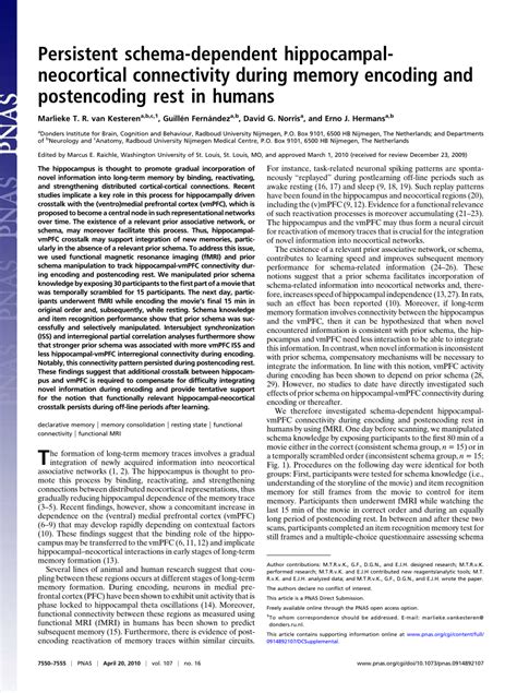 Pdf Persistent Schema Dependent Hippocampal Neocortical Connectivity During Memory Encoding