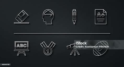 설정 라인 지우개 또는 고무 칠판 A 플러스 등급의 시험지 망원경 메달 인간의 두뇌 미식 축구 공 및 마커 펜 아이콘 벡터 3위에 대한 스톡 벡터 아트 및 기타 이미지