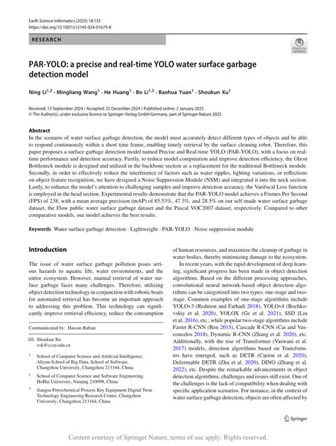 Par Yolo A Precise And Real Time Yolo Water Surface Garbage Detection Model