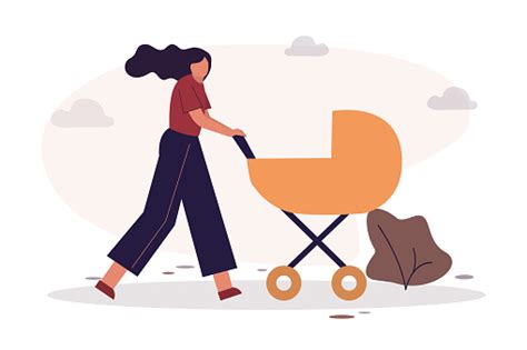 만화 여자는 아기 마차와 함께 산책 유모차와 여성 캐릭터 아버지는 유아 아이들과 함께 걷고 있습니다 건강한 라이프 스타일 야외 레크리에이션의 개념 건강한 생활방식에 대한