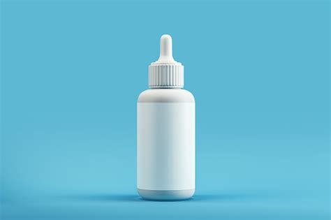 파란색 배경에 화장품 또는 의료 제품 브랜딩을 위한 빈 스포이드 병 모형 현대적인 광고 개념을 위한 깨끗한 정면도 레이아웃 3d 렌더링 0명에 대한 스톡 사진 및 기타