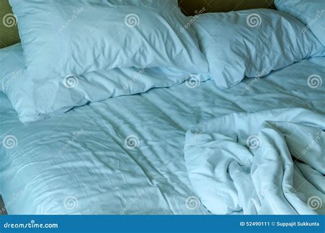 Bed Sheet Pillows And Blanket Messed Up In The Morning Stock Image Image Of Bright Curtain