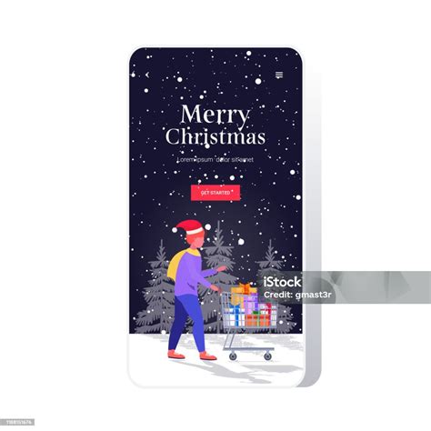 산타 클로스 모자 를 밀어 트롤리 카트 선물 상자 메리 크리스마스 새해 겨울 휴일 축하 개념 스마트 폰 화면 온라인 모바일 앱 전체 길이 스케치 12월에 대한 스톡 벡터