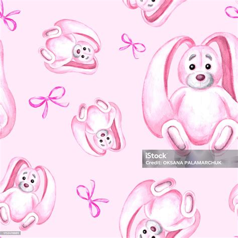 활을 가진 분홍색 토끼의 매끄러운 패턴 수채화 손으로 그린 일러스트레이션 다양한 디자인 배경 어린이 생일 및 파티 직물 및 직물 만들기 포장 포장지 및 덮개 가리기에 대한