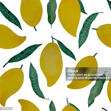 노란색 잘 익은 망고 과일과 녹색 잎 그림 원활한 반복 패턴 수채화 손 그리기 고립 된 다이 컷 및 벽지 및 직물 섬유 인쇄 흰색 배경에 경로를 클리핑 0명에 대한 스톡
