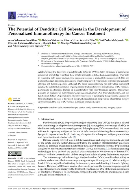 Pdf The Potential Of Dendritic Cell Subsets In The Development Of Personalized Immunotherapy
